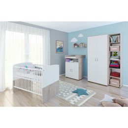 nonjoo. Babyzimmer Lani Set 5: best. aus Babybett, Kommode, Wickelaufsatz, Wandboard, Regal mit 6 Fächern und Kleiderschrank 2-trg.