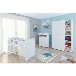 nonjoo. Babyzimmer Lunis Set 5: best. aus Babybett, Kommode, Wickelaufsatz, Wandboard, Regal mit 6 Fächern und Kleiderschrank 2-trg.