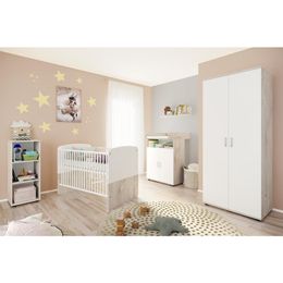 nonjoo. Babyzimmer Lani Set 4: best. aus Babybett, Kommode, Wickelaufsatz, Wandboard, Regal mit 3 Fächern und Kleiderschrank 2-trg.