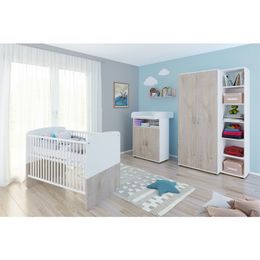 nonjoo. Babyzimmer Hanna Set 5: best. aus Babybett, Kommode, Wickelaufsatz, Wandboard, Regal mit 6 Fächern und Kleiderschrank 2-trg.