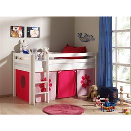 Vipack Spielbett Pino mit Textilset "Pink Flower", Kiefer massiv weiss lackiert