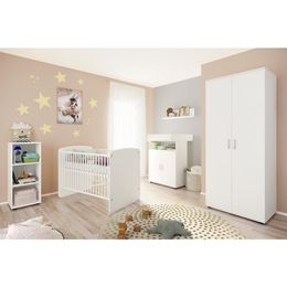 nonjoo. Babyzimmer Lunis Set 4: best. aus Babybett, Kommode, Wickelaufsatz, Wandboard, Regal mit 3 Fächern und Kleiderschrank 2-trg.