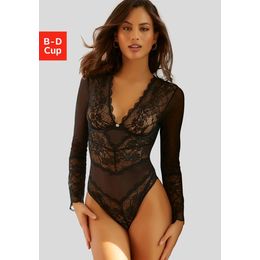 JETTE Langarmbody schwarz Gr. 75 Cup C für Damen. Mit tiefer V-Ausschnitt. Mit Bügel. Figurbetont