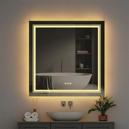 Led Badspiegel 90x90cm Badspiegel mit Beleuchtung, 3 Lichtfarbe Lichtspiegel Wandspiegel Badezimmerspiegel mit Touch-schalter dimmbar beschlagfrei