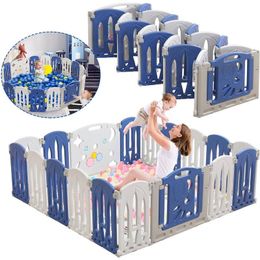 Laufstall Baby Faltbar, Laufgitter mit Tür und Spielzeugboard, 14 Panel Blu+Weiß Baby Absperrgitter, Krabbelgitter Kunststoff(14 Stück) - Aufun