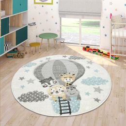 Kinderzimmer Teppich Blau Grau Heißluftballon Wolken Tiere 3-D Design Pastell ø 120 cm Rund - Paco Home