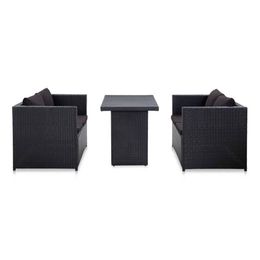 furnicato Garten-Essgruppe 3-tlg. Garten-Lounge-Set mit Auflagen Poly Rattan Schwarz