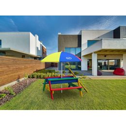 AXI Garten-Kindersitzgruppe Nick, Picknicktisch mit Sonnenschirm, blau|gelb|grün|rot