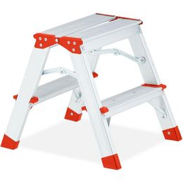 Trittleiter klappbar, 2 Stufen, Treppenleiter Aluminium, Leiter bis 120 kg, hbt: 39 x 38 x 40 cm, silber/rot - Relaxdays