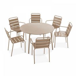 Oviala - Runder Gartentisch und 6 Sessel aus grauem Metall Taupe - Taupe