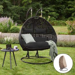 Home Deluxe - Hängesessel Twin - Schwarz, Höhe 195 cm - inkl. Regenabdeckung, Gestell, Sitz- und Rückenkissen i Polyrattan Hängestuhl Gartenschaukel