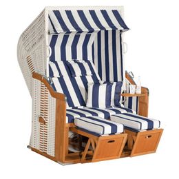 SonnenPartner SunnySmart Garten-Strandkorb Rustikal 250 PLUS 2-Sitzer weiß/blau mit Kissen