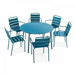 Oviala - Runder Gartentisch und 6 Sessel aus grauem Metall Blau - Pazifisch blau