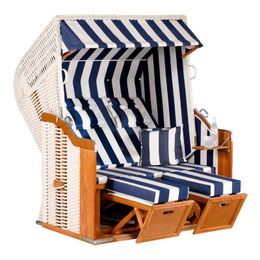 SonnenPartner SunnySmart Garten-Strandkorb Rustikal 250 plus 2-Sitzer xl weiß/blau mit Kissen