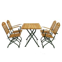 DEGAMO Kurgarten - Garnitur BAD TÖLZ 5-teilig (2x Stuhl, 2x Armlehnensessel, 1x Tisch 70x110cm), Flachstahl grün + Robinie, klappbar