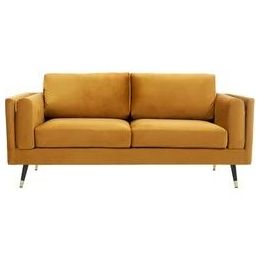 Miliboo Design-Sofa 2/3-Sitzer in gelben Samtstoff, dunkles Holz und goldfarbenes Metall STING