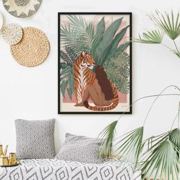 Bilderwelten Bild mit Rahmen Tiere beige Tropisch inkl. Rahmung - Majest&auml;tische Wildkatzen II - Pflanzen Wohnzimmer Schlafzimmer