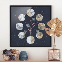 Bild mit Rahmen Mondphasen und Margeriten - gerahmte Wandbilder Print Illustration Spirituell Himmel Schlafzimmer Blau