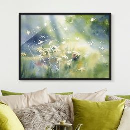 Bild mit Rahmen Schmetterlinge, Licht und Blumen - gerahmte Wandbilder Print Blumen Floral Kunstdruck Tiere Schlafzimmer Wohnzimmer Gr&uuml;n