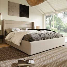 Gepolstertes Doppelbett mit Stauraum, 180x200 cm, Holzlattenrost, beige (Matratze nicht im Lieferumfang enthalten)