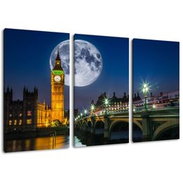 Pixxprint Leinwandbild Big Ben vor Mond in London, Big Ben vor Mond in London 3Teiler (120x80cm) (1 St), Leinwandbild fertig bespannt
