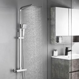 Auralum - Duschsystem mit Thermostat Extradünn 10 Zoll Kopfbrause Höhenverstellbare Duschstange Regendusche Duschset für Badezimmer