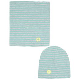 tausendkind essentials - Beanie TK mit Loopschal gestreift in grün/grau, Gr.49-51