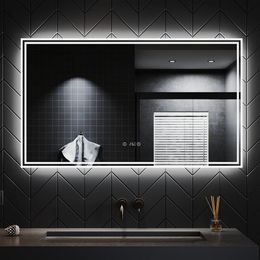 Badspiegel mit beleuchtung 120 touch Badezimmerspiegel led Spiegel mit Bluetooth 5.0,Beschlagfrei,Uhr,IP44 wandspiegel 120x70cm bad mit PVC-Rückwand