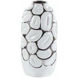 Beliani - Dekovase Weiß Steinzeug 28 cm mit Strukturmuster in Silber Glänzende Strukturoberfläche Deko Accessoires Wohnzimmer Schlafzimmer Flur Kamin