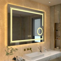 Led Badspiegel 80 x 60 cm Badezimmerspiegel mit Beleuchtung Wandspiegel mit 3-Fach Vergrößerung Schminkspiegel, Touchschalter 3 Lichtfarbe