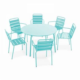 Oviala - Runder Gartentisch und 6 Sessel aus grauem Metall Blau - Türkis
