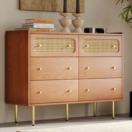 Kommode mit 6 Schubladen, Rattan-Sideboard, Schlaf- und Wohnzimmer, Nussbaum - 90/120/40 cm