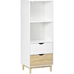 HOMCOM - Bücherregal, Aufbewahrungsregal Bücherschrank Standregal mit 2 Fächern, 2 Schubladen, Holzdekor, weiß, 48 x 40 x 131 cm - Weiß