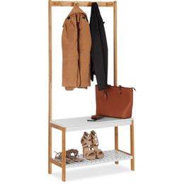 Relaxdays - Garderobenständer mit Schuhregal, 4 Kleiderhaken, mit Ablage, Bambus & mdf, hbt 150 x 70,5 x 30 cm, natur-weiß