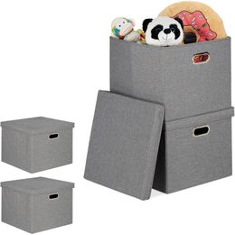 Relaxdays 4 x Aufbewahrungsbox, faltbare Ordnungsbox mit Deckel, je 51 l, Faltbox quadratisch, 34 x 43 x 43 cm, Stoffboxen, grau