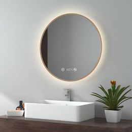 Emke - led Badspiegel Rund Spiegel mit Beleuchtung ф60cm Gebürstetem Goldrahmen led Badezimmerspiegel mit Touch, Antibeschlage, Uhr, Temperatur,