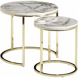 FineBuy - Design Beistelltisch 2er Set Marmor Optik Rund, Couchtisch 2-teilig Tischgestell Metall, Kleine Wohnzimmertische, Moderne Satztische