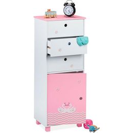 Kommode Kinder, Schwanenherz-Design, 3 Schubladen & Türfach, Kinderzimmerschrank, hbt 105x42x30 cm, weiß/rosa - Relaxdays
