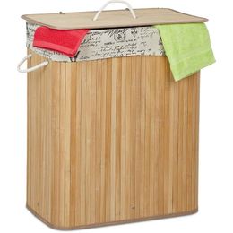 Wäschekorb Bambus, 2 Fächer, Wäschesortierer mit Deckel, hbt 64 x 55 x 34,5 cm, entnehmbarer Wäschesack, natur - Relaxdays