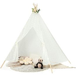 Costway Tipi Zelt Spielzelt, Spitzen-Kinderzelt mit bunten Lichterketten, 120 x 120 x 140 cm, für Maedchen und Maedchen für Zuhause und Garten, weiss