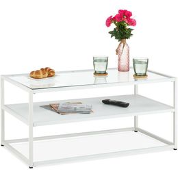 Couchtisch mit Glasplatte, für Wohnzimmer, Metallgestell, Ablagefläche, h x b x t: 42 x 90 x 49,5 cm, weiß - Relaxdays