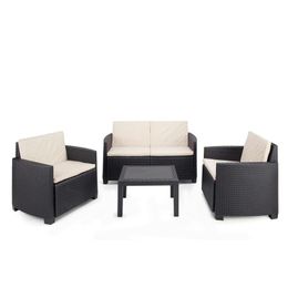 Outdoor-Lounge-Set Dmasucc, Gartengarnitur mit 2 Sesseln, 1 Sofa und 1 Couchtisch, Sitzecke in Rattan-Optik mit Kissen, 100 % Made in Italy,