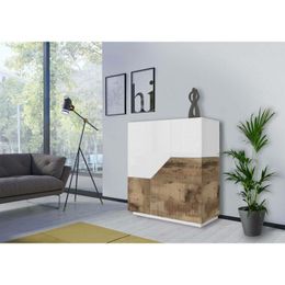 Kommode Dkoud, Küchen-Sideboard mit 2 Türen, Wohnzimmer-Buffet, 100% Made in Italy, cm 100x43h106, Weiß glänzend und Ahorn - Dmora