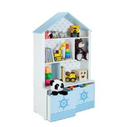 Kinderregal, Seefahrt, 5 Fächer, 2 Rollboxen, hbt: 128x75x34 cm, Hausform, Spielzeug Aufbewahrung, weiß/blau - Relaxdays