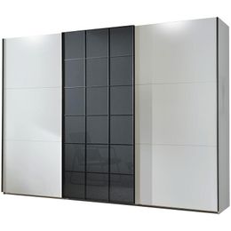 Lomadox - Kleiderschrank 300cm mit 3 Schwebetüren, weiß mit grauem Glas TOULON-43, b/h/t ca. 300/216/65 cm - weiß