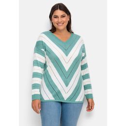 sheego Große Größen: Leichter Strickpullover mit Ajourmuster, mint-weiß, Gr.44