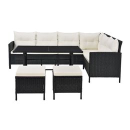 Juskys Gartenlounge Manacor schwarz - Sofa, Tisch, Hocker & Kissen - 7 Personen - Sitzbezüge Creme