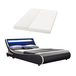 Juskys Polsterbett Bett Valencia 140 x 200 cm schwarz mit Kaltschaummatratze Einzelbett mit LED