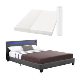 Juskys Polsterbett Verona grau 120×200 cm Bettgestell LED-Beleuchtung, Lattenrost & Matratze