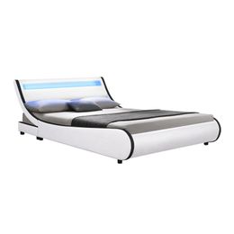 Juskys Polsterbett Valencia 140x200 cm - Bett mit Lattenrost & LED Beleuchtung – Jugendbett weiß